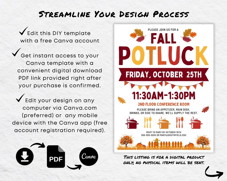 Editable Fall Potluck Flyer, Autumn Party Printable (canva Template) - Etsy