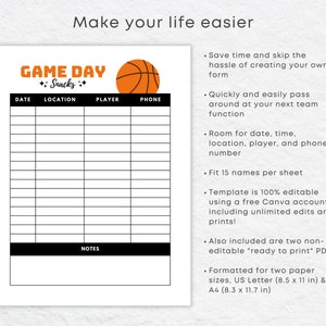 Basketball Snack Schedule Sign up Sheet: Editable Canva Template ...