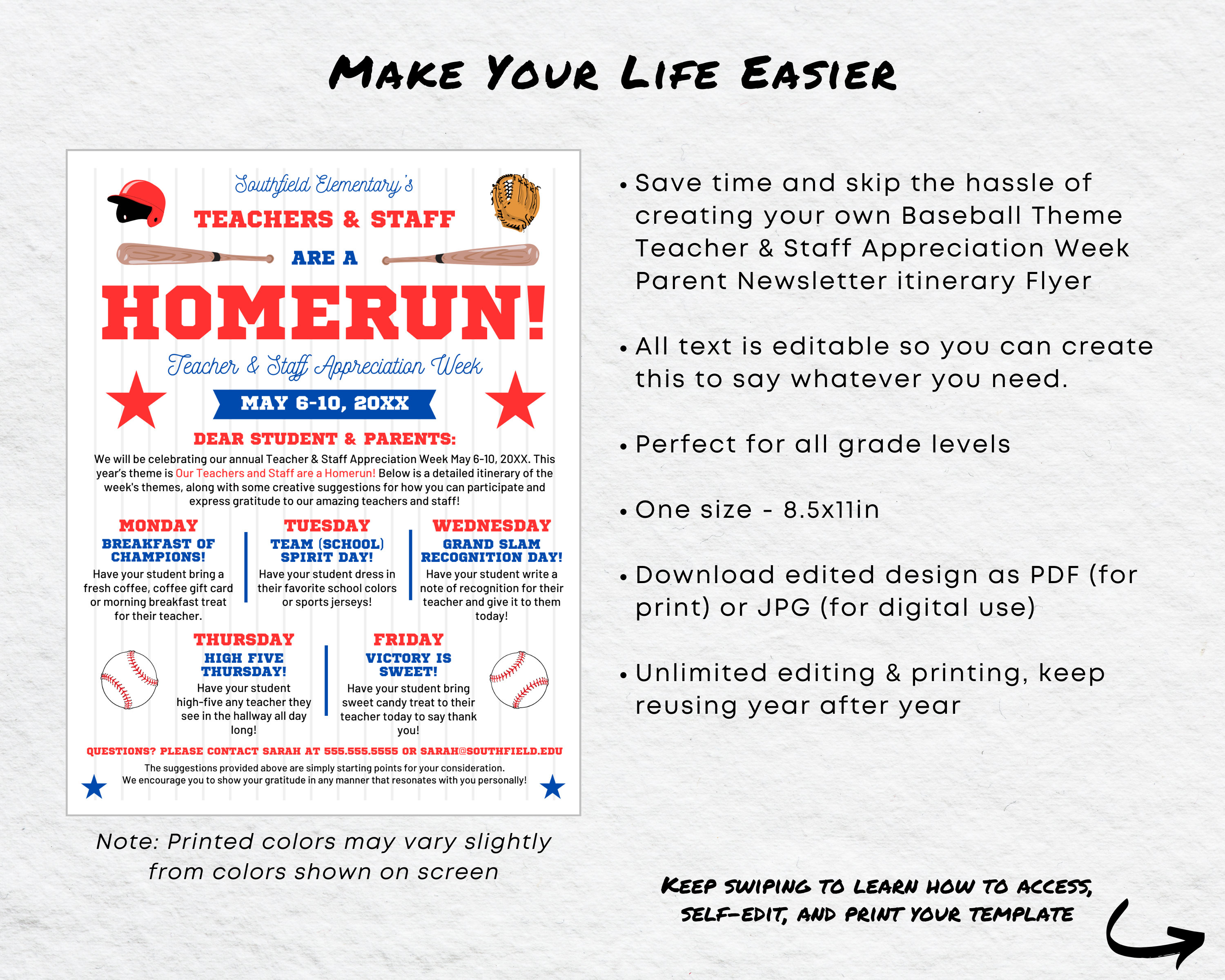 Baseball Teacher Appreciation Week Parent Newsletter Flyer (canva ...