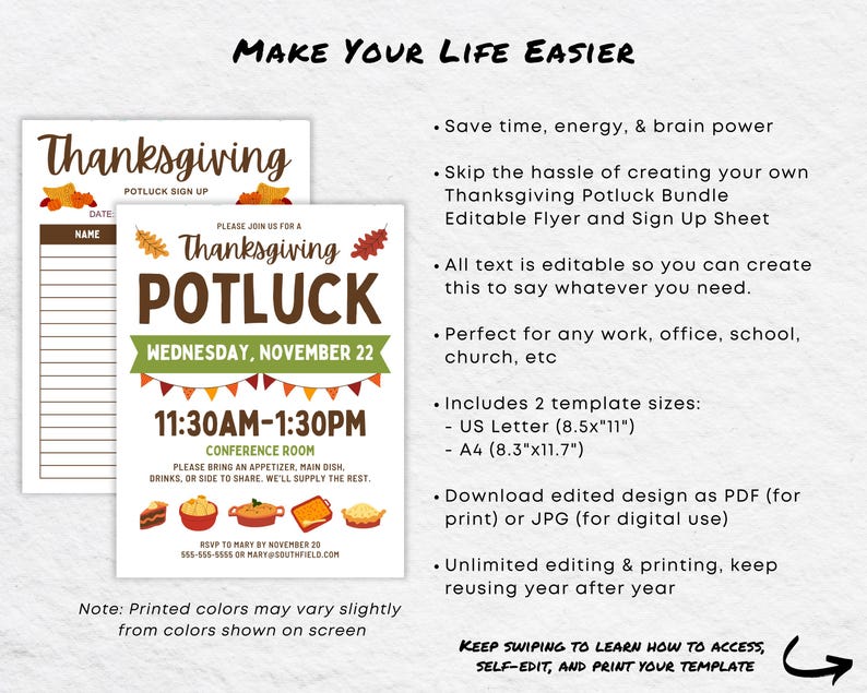 Thanksgiving Potluck Bundle Includes Editable Flyer & Sign up Sheet ...