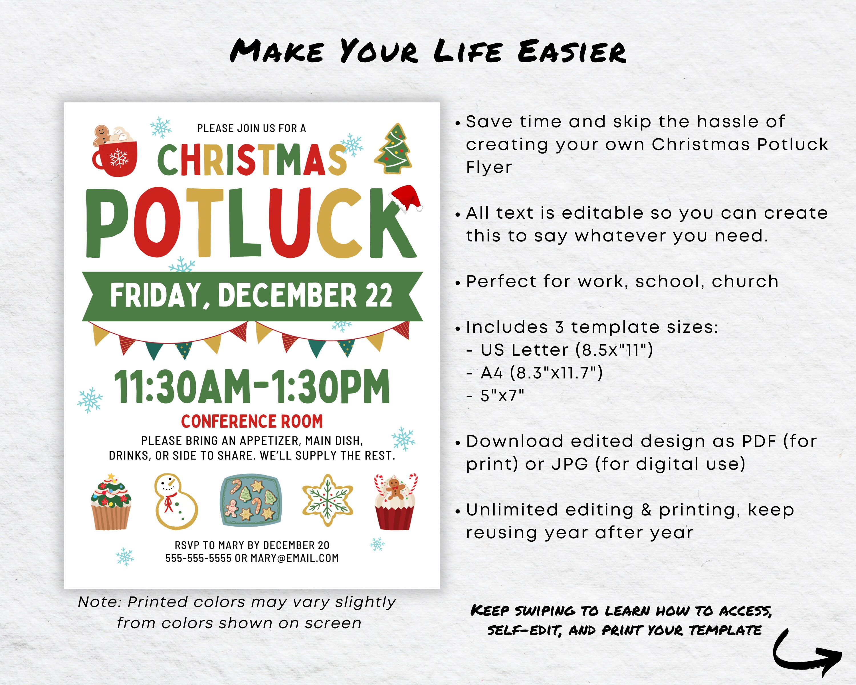 Editable Christmas Potluck Flyer Template, Holiday Party Invite, Canva ...