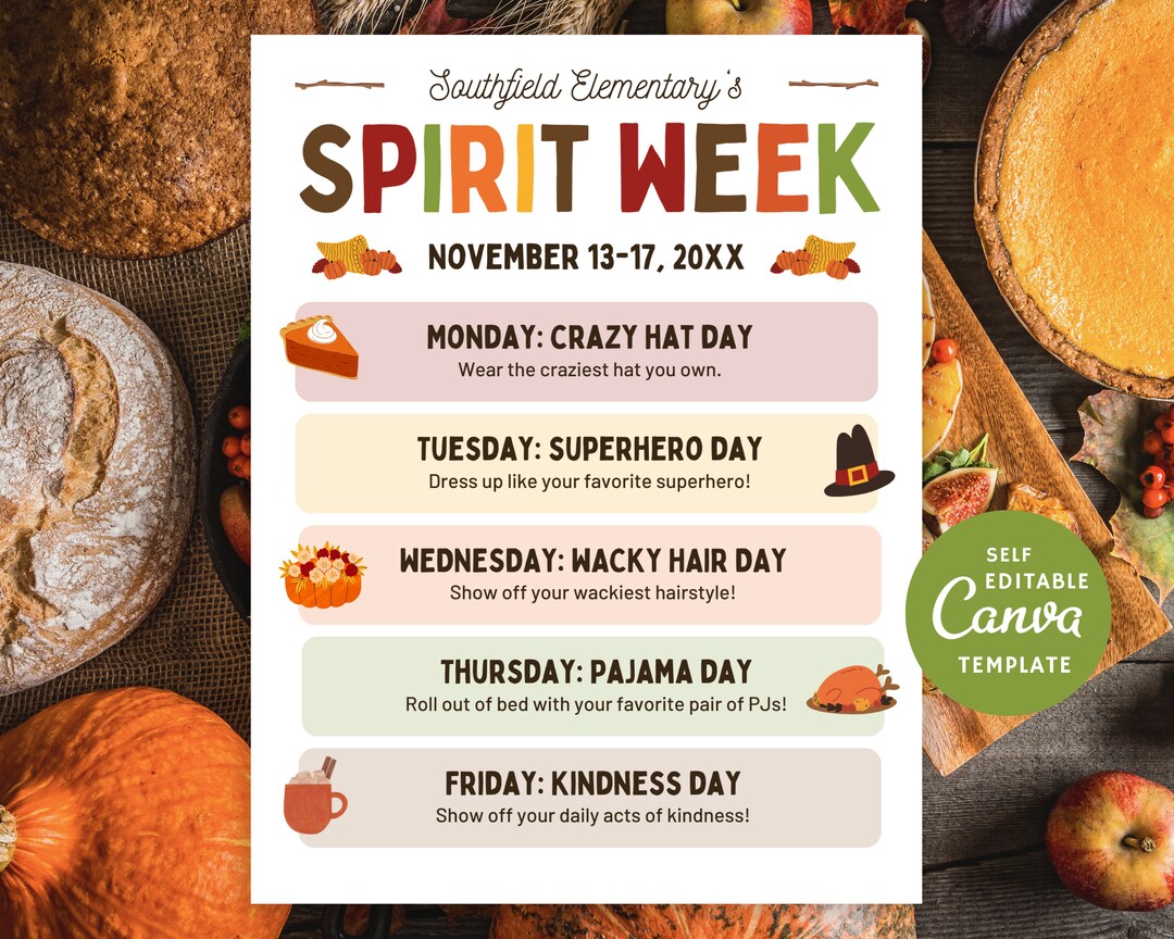 Editable Thanksgiving Spirit Week Flyer, School Spirit Schedule, Canva ...