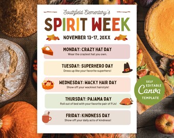 EDITABLE Fall Spirit Week Schedule Template Printable Spirit - Etsy