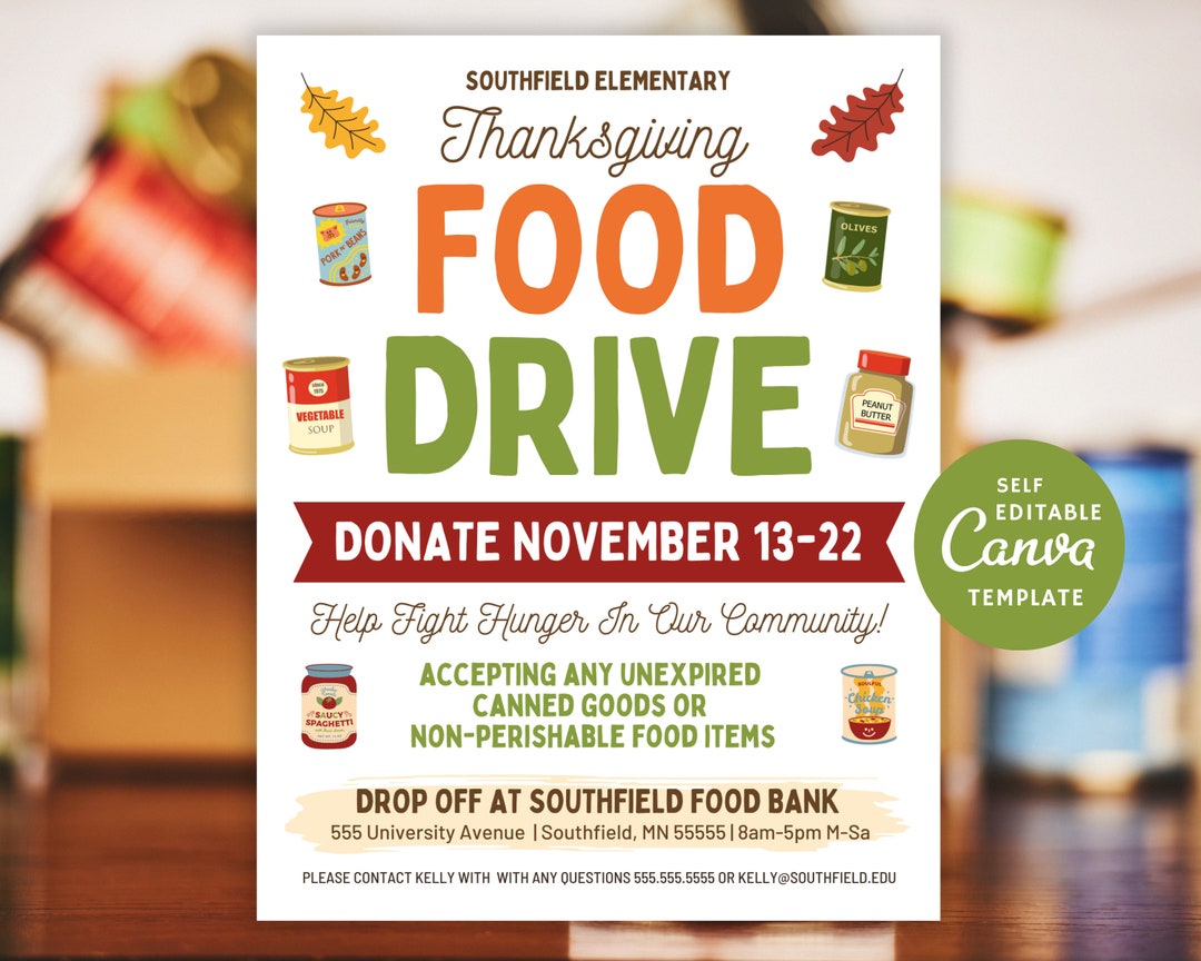 Editable Thanksgiving Food Drive Flyer | Fall Community Donation Event ...