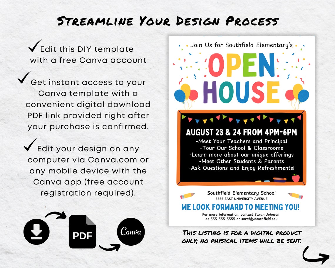 School Open House Flyer Template: Editable Invitation (canva) - Etsy