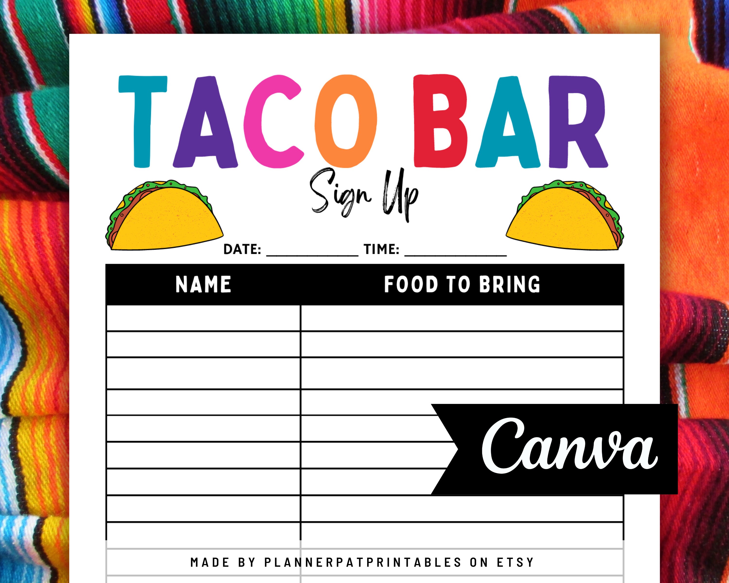 Taco Bar Sign up Sheet Printable for Mexican Fiesta Potluck - Etsy UK