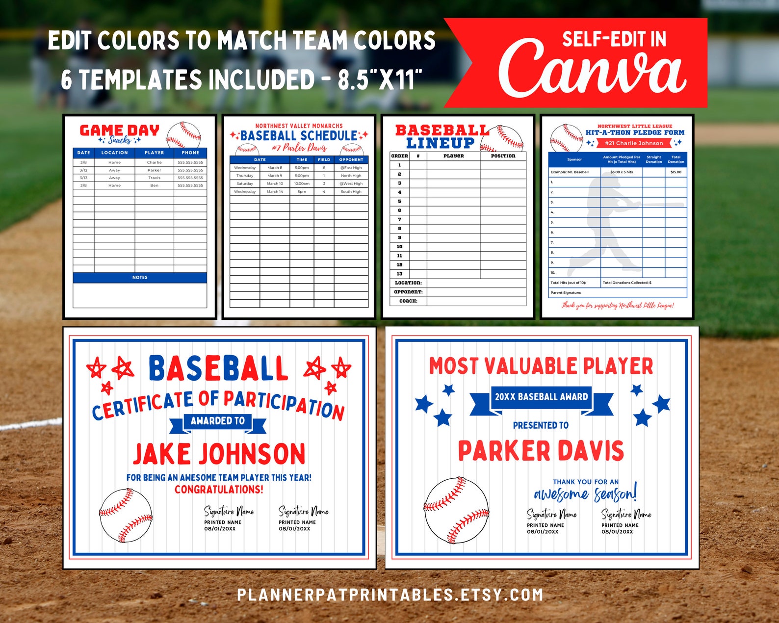 Editable Baseball Template Bundle: Snack Schedule, Game Calendar, Hit-a ...