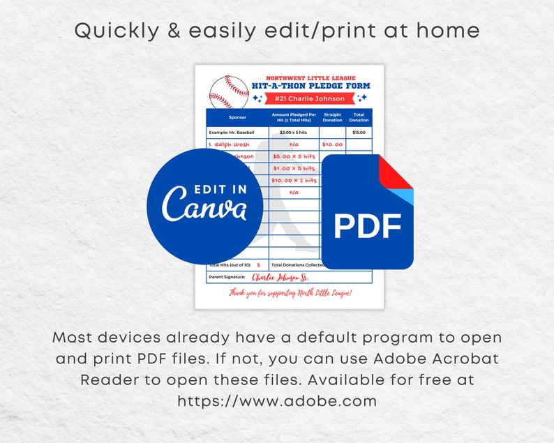 Editable Baseball Hit-a-thon Fundraiser Pledge Sheet Canva - Etsy