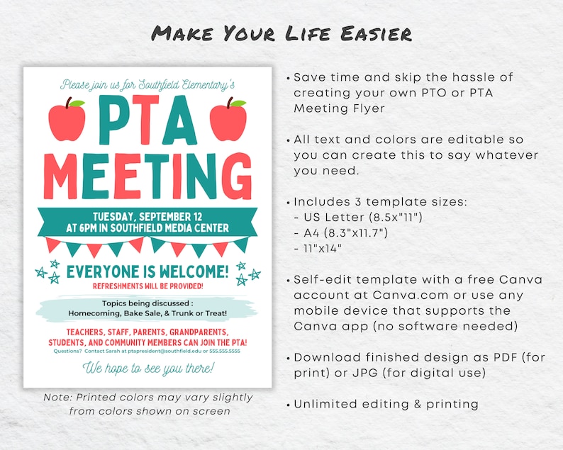 PTA Meeting Sign Editable Canva Template, Edit for PTO - Etsy