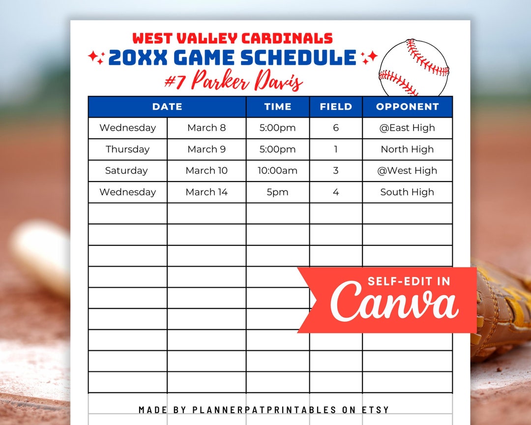 Editable Baseball Game Day Schedule Template, DIY Game or Practice ...