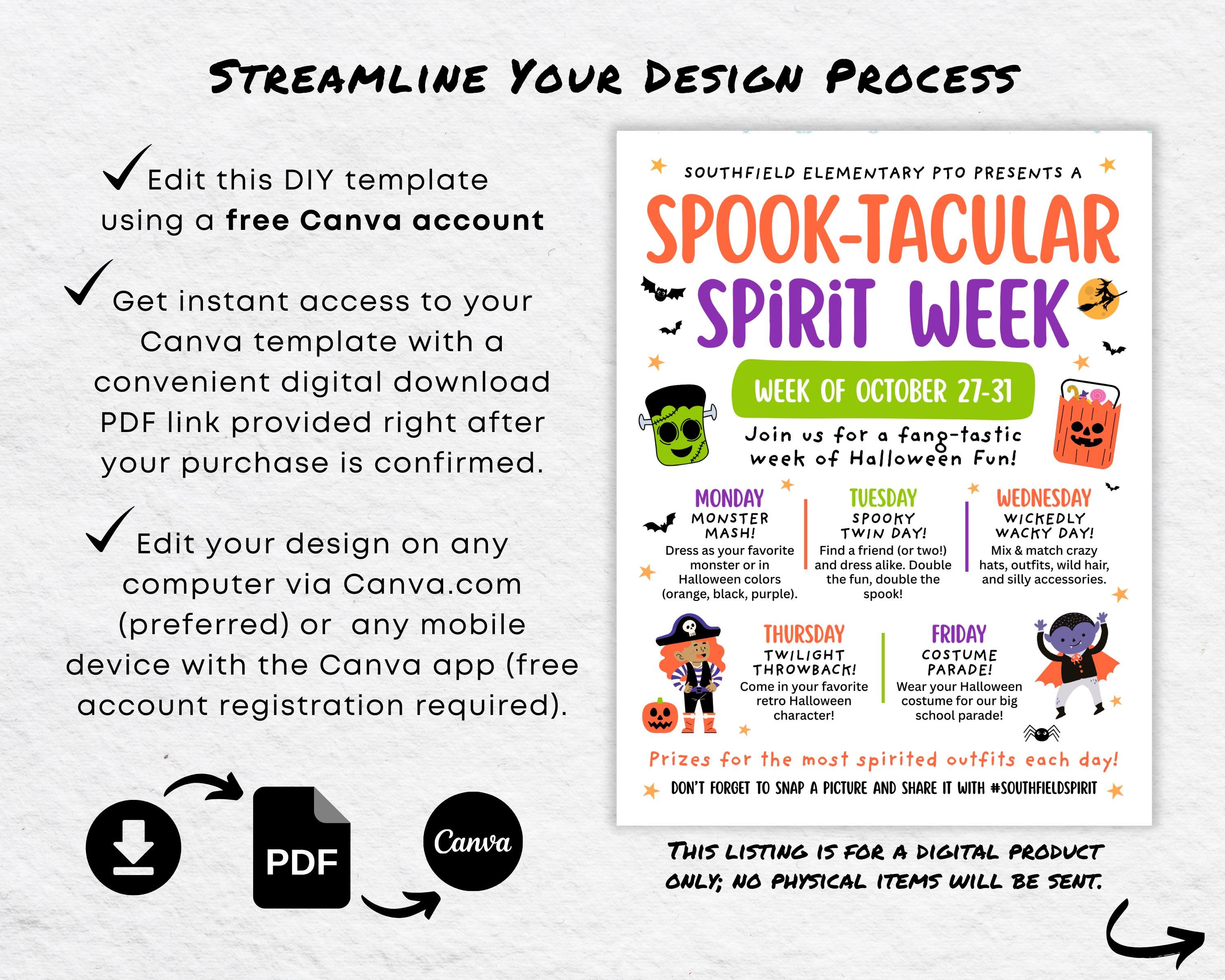 Halloween Spirit Week Flyer: Editable School Dress-up Itinerary (canva ...