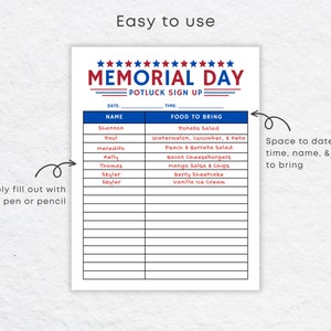 Memorial Day Potluck Sign up Sheet: Canva Template (digital Download ...