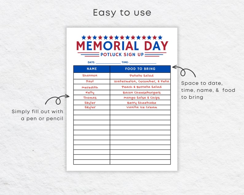 Memorial Day Potluck Sign up Sheet: Canva Template (digital Download ...