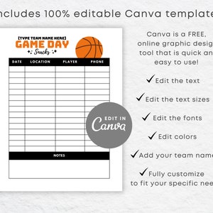 Basketball Snack Schedule Sign up Sheet Printable, Editable Canva ...