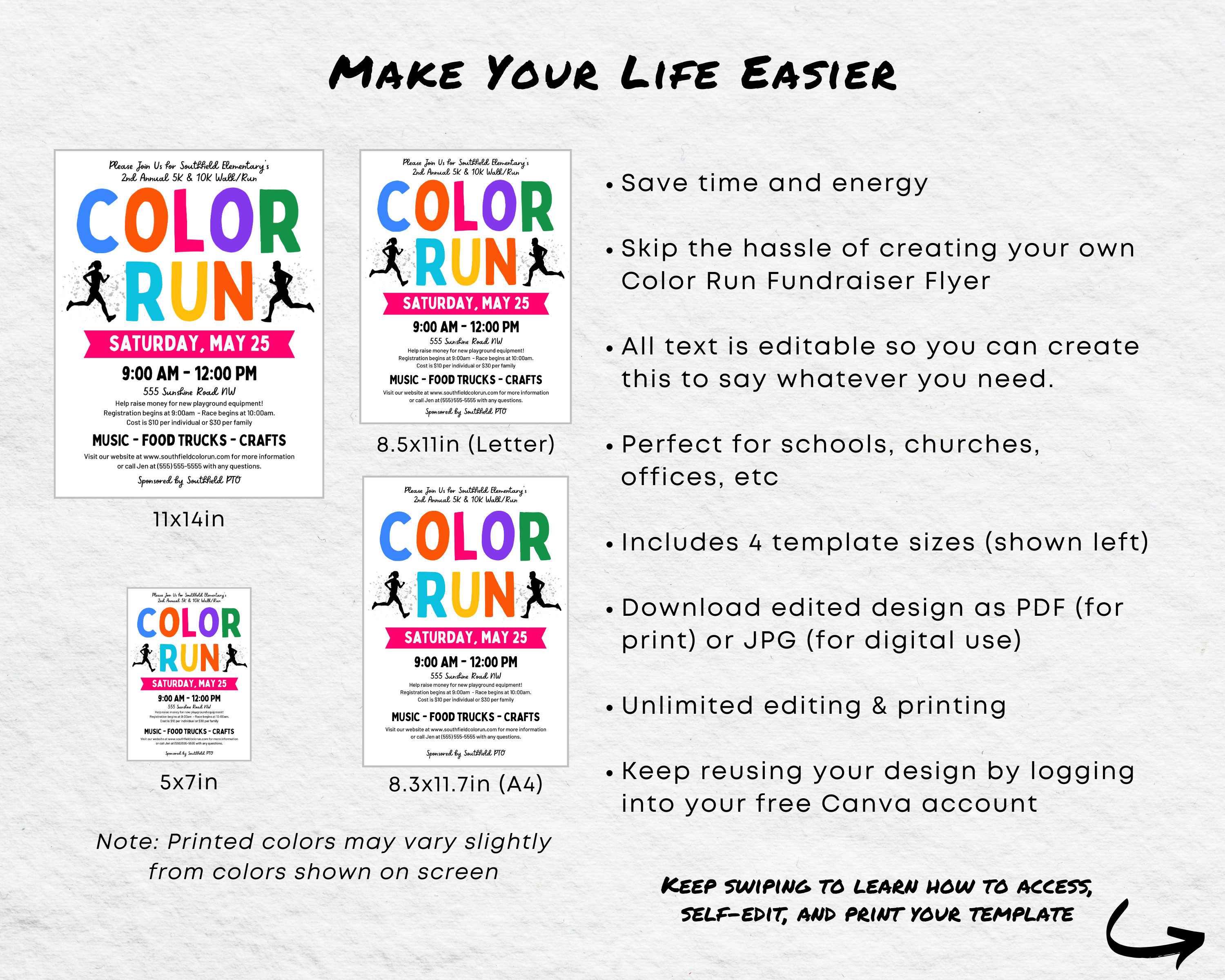 Editable Color Run Flyer Printable, Colorful 5k 10k Run Walk Invitation ...
