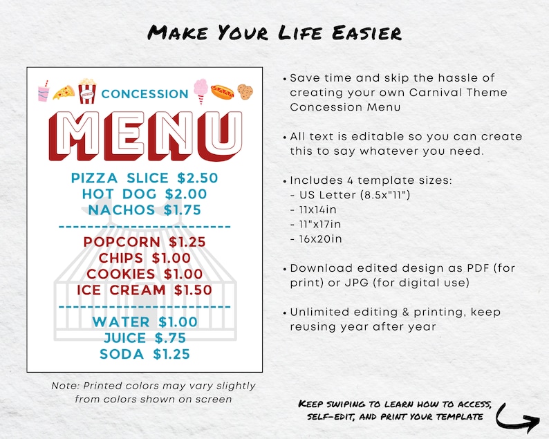 Editable Carnival Concession Stand Menu Template: Printable Sign (canva ...