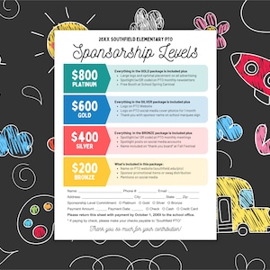 PTO PTA Sponsorship Levels Form Editable Template, Non-profit Form ...