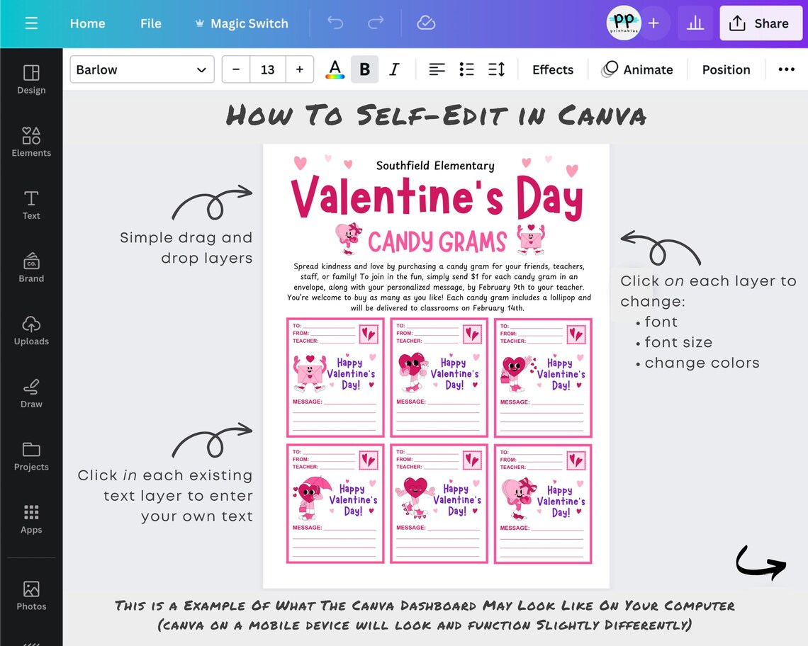 Editable Valentines Day Candy Grams | Fundraiser Printable Canva ...