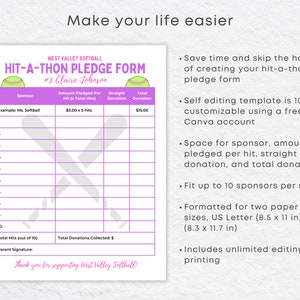 Editable Softball Hit-a-thon Fundraiser Form Pledge Sheet Canva ...