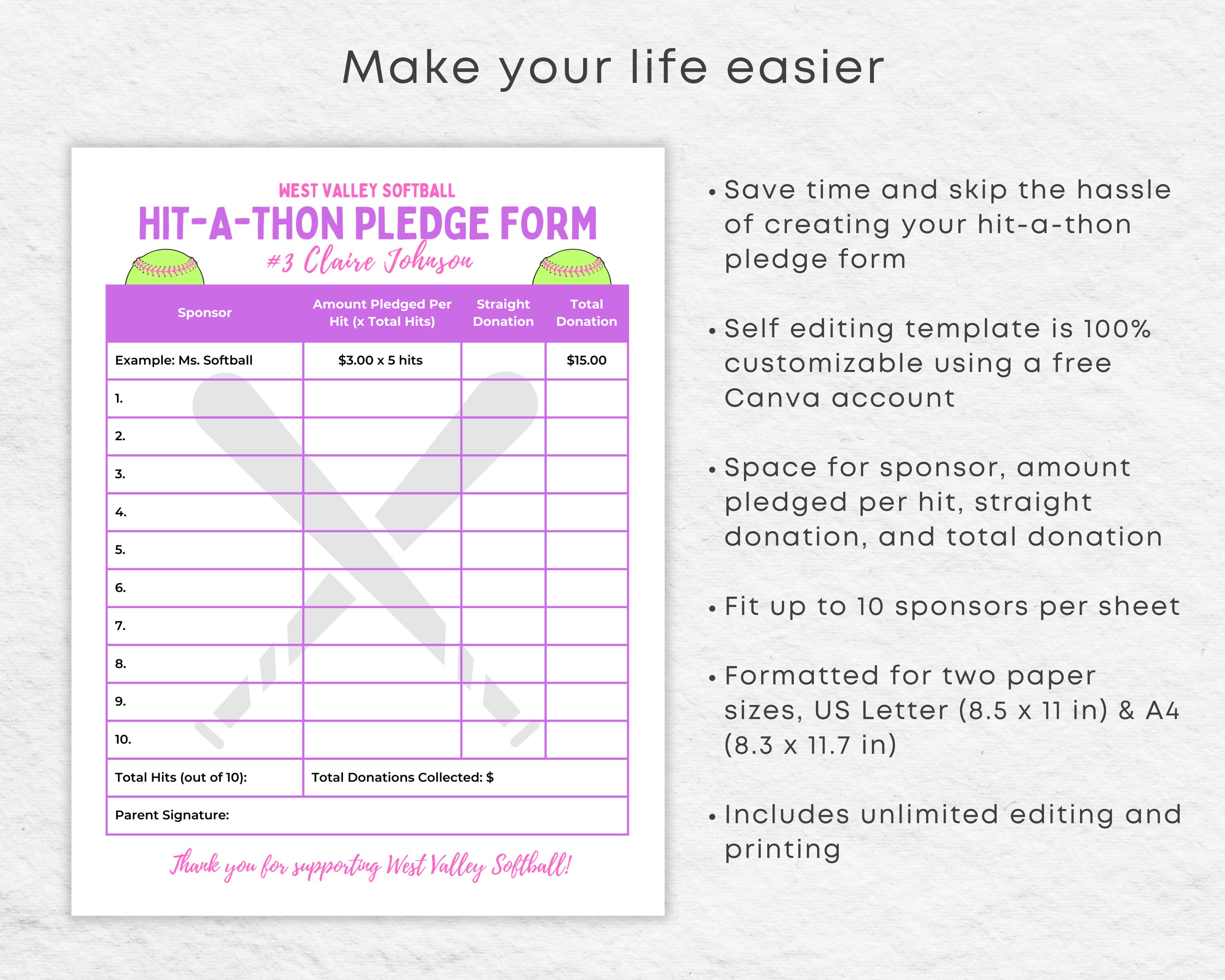 Editable Softball Hit-a-thon Fundraiser Form Pledge Sheet Canva ...