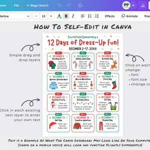 12 Days of Christmas Dress up Days Itinerary Flyer: Editable Canva ...