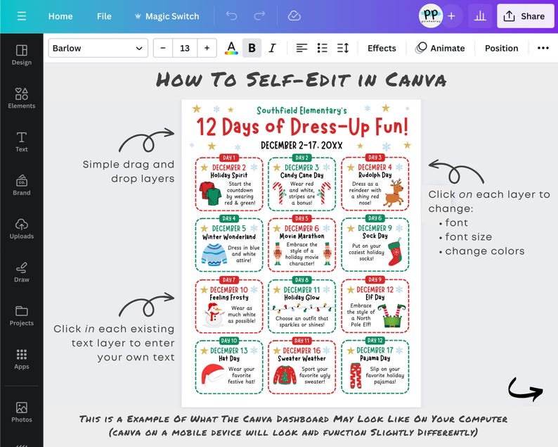 12 Days of Christmas Dress up Days Itinerary Flyer: Editable Canva ...