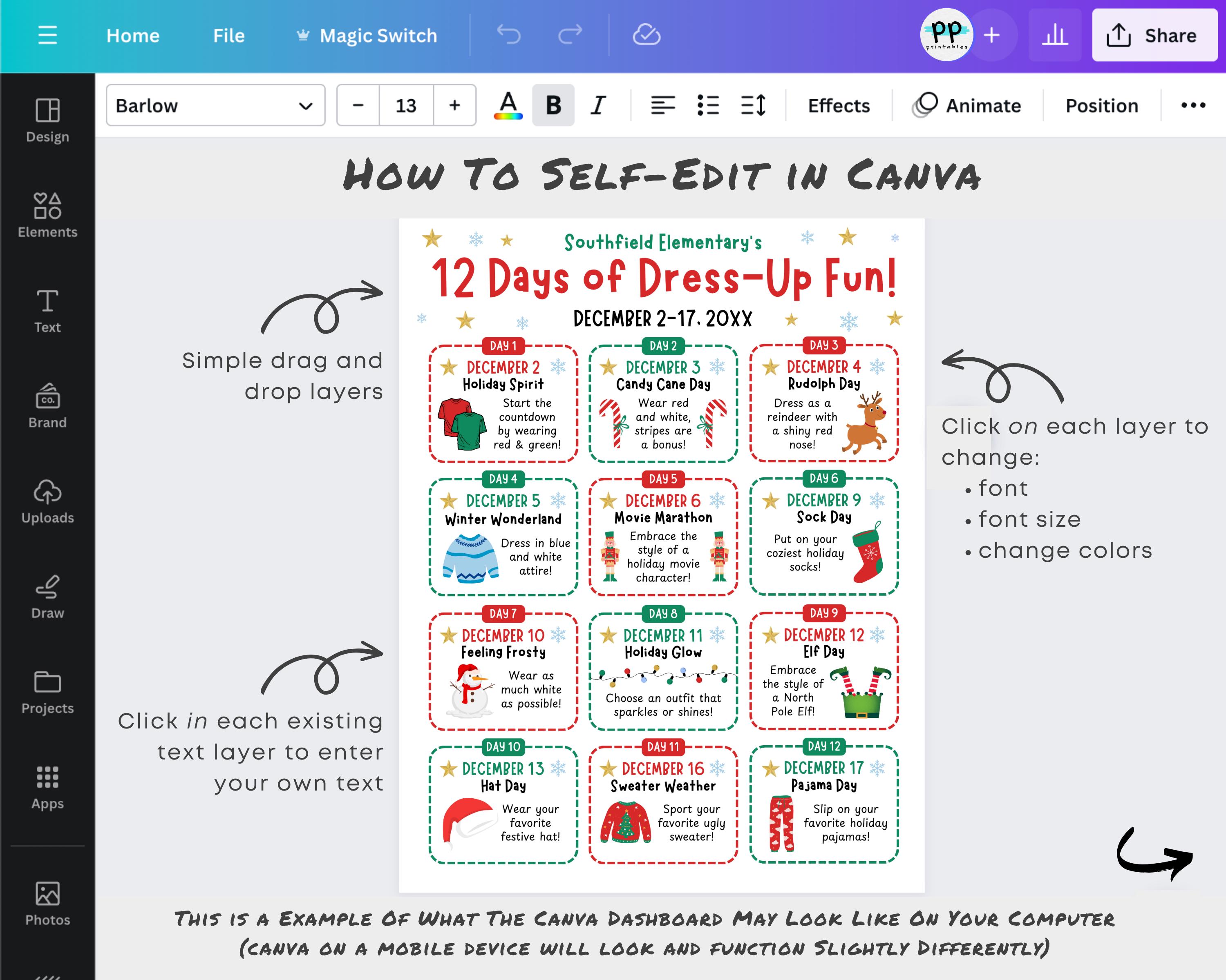 12 Days of Christmas Dress up Days Itinerary Flyer: Editable Canva ...