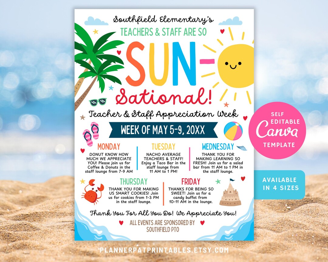 Editable Beach Theme Teacher & Staff Appreciation Sunsational Itinerary ...