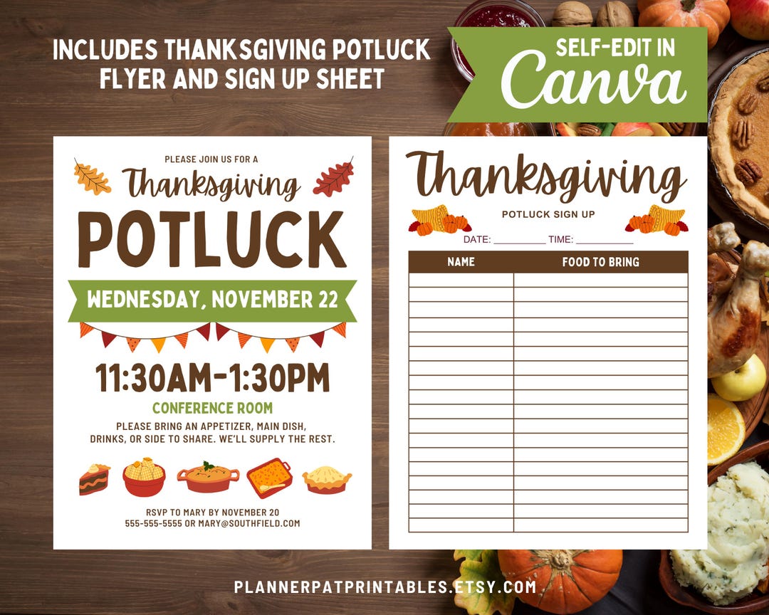 Thanksgiving Potluck Bundle Includes Editable Flyer & Sign up Sheet ...