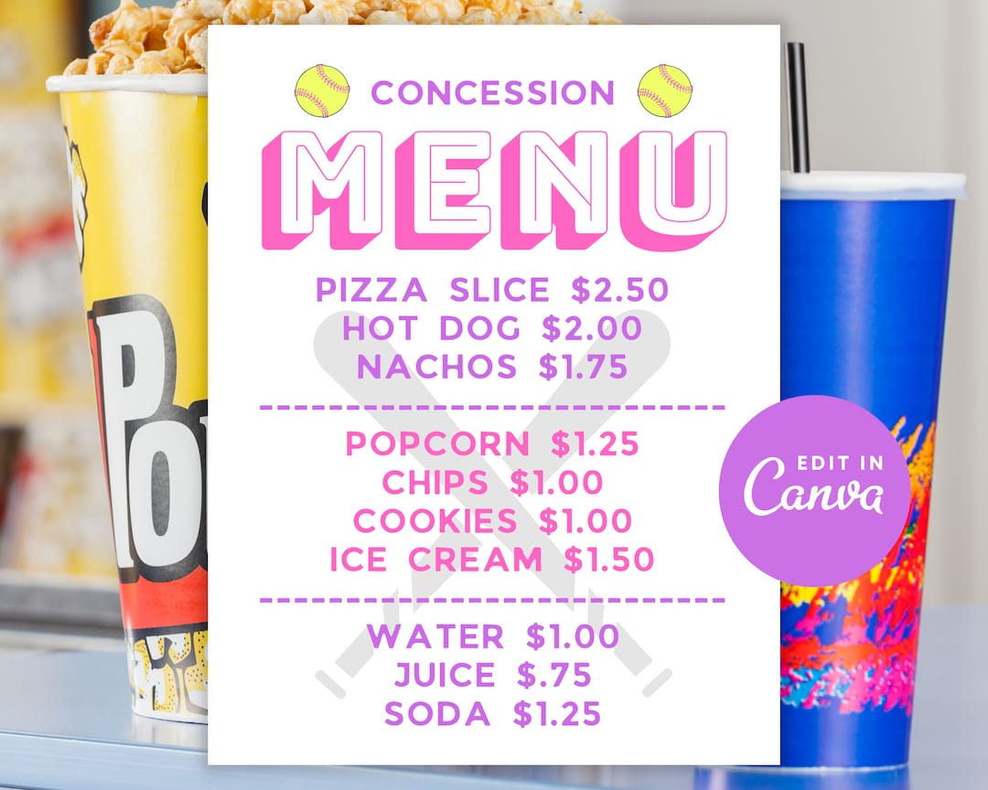 Editable Softball Concession Stand Menu Price Sheet Printable Canva ...
