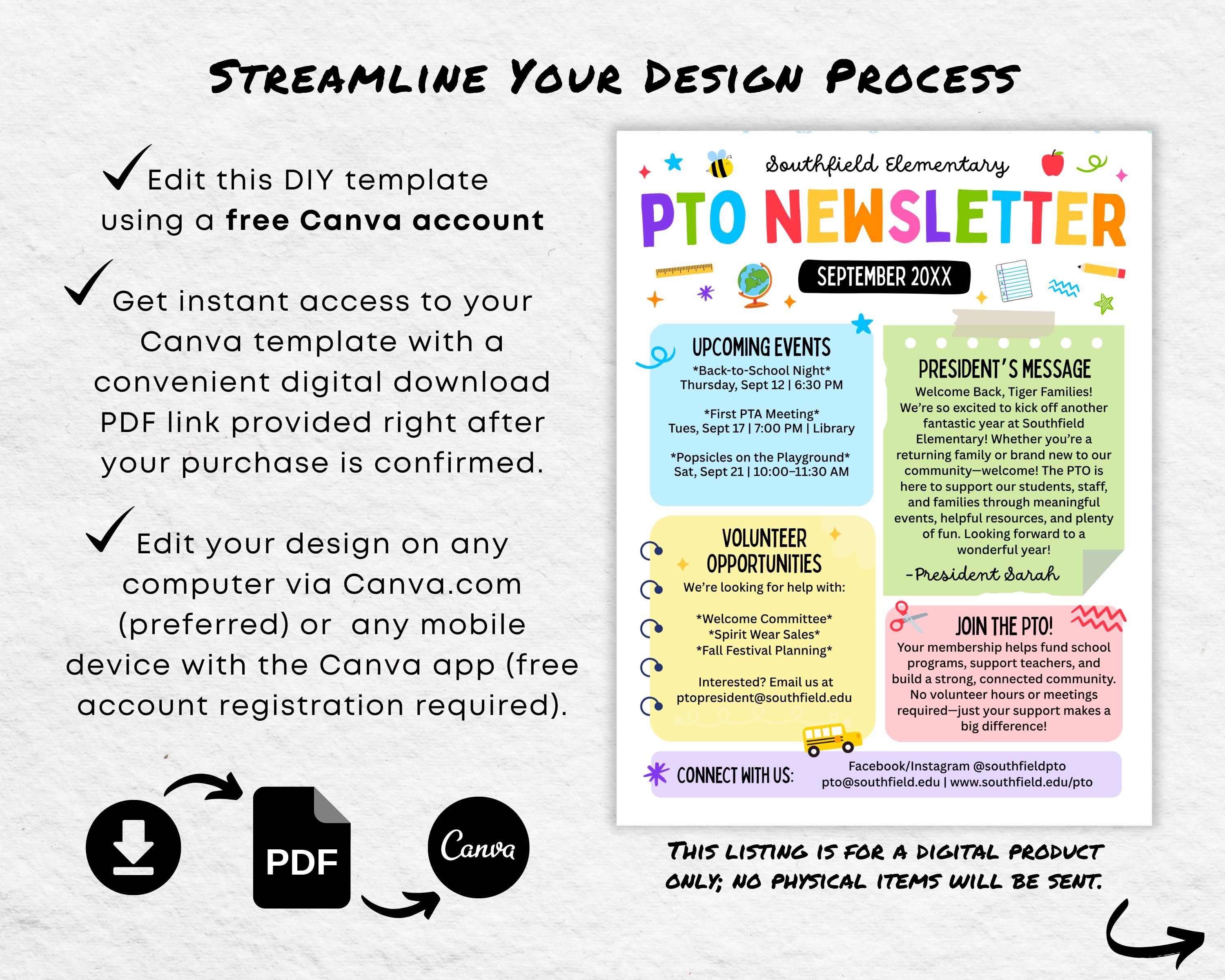 Editable PTO Newsletter Template: Canva PTA School Communication ...