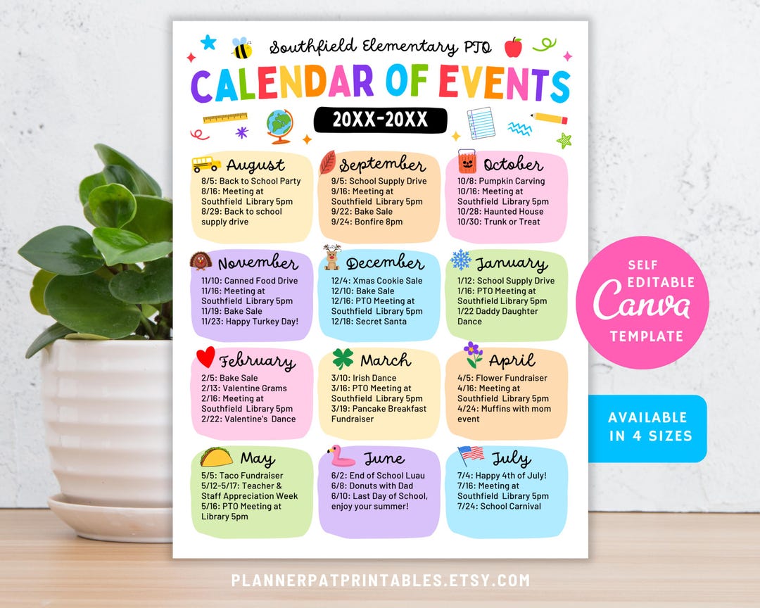 Editable PTA PTO Calendar Template: Events Schedule (canva Download) - Etsy