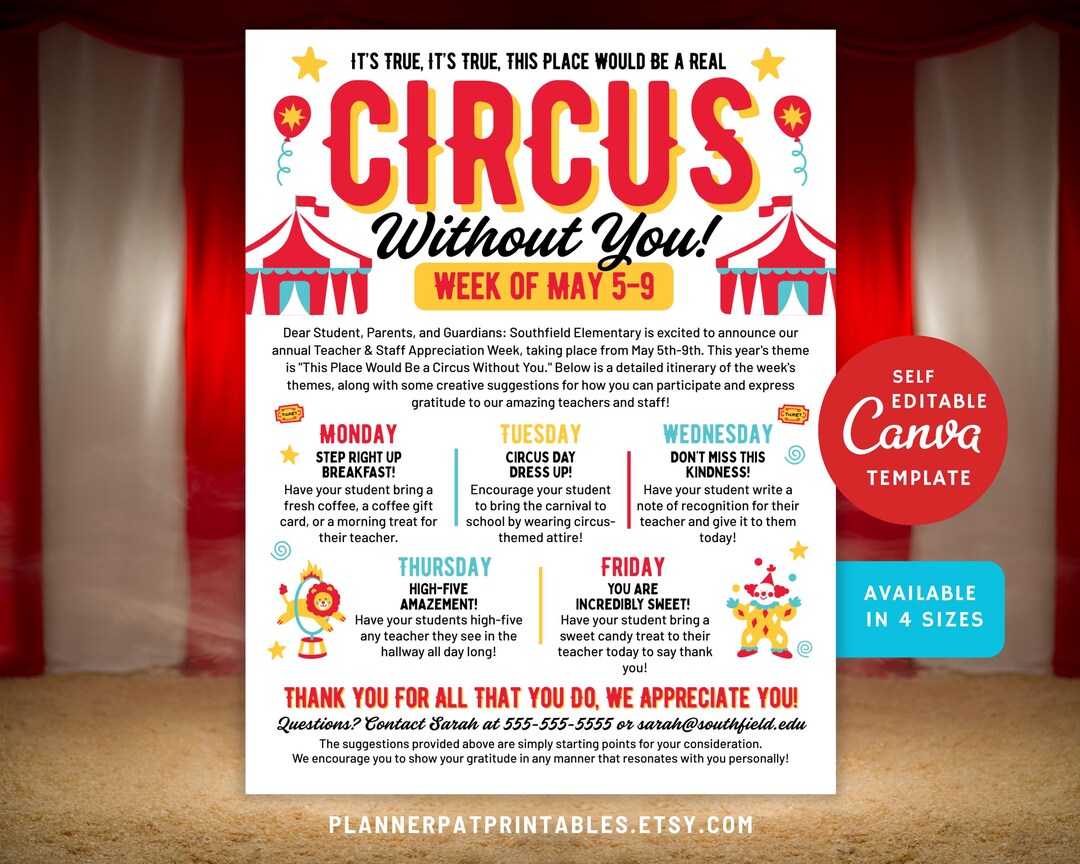Editable Circus Theme Parent Newsletter Schedule Flyer, Teacher & Staff ...