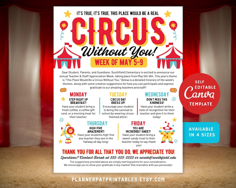 Circus Teacher Appreciation Newsletter: Editable Canva Template ...
