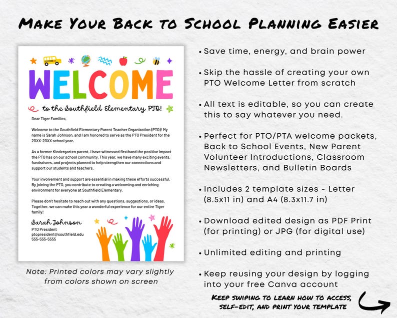 Editable PTA PTO Welcome Letter Template: Canva Printable Note (digital ...