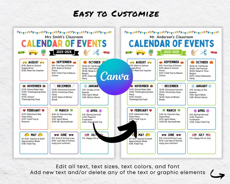DIY Room Parent Calendar of Events Template, Classroom Mom Yearly ...