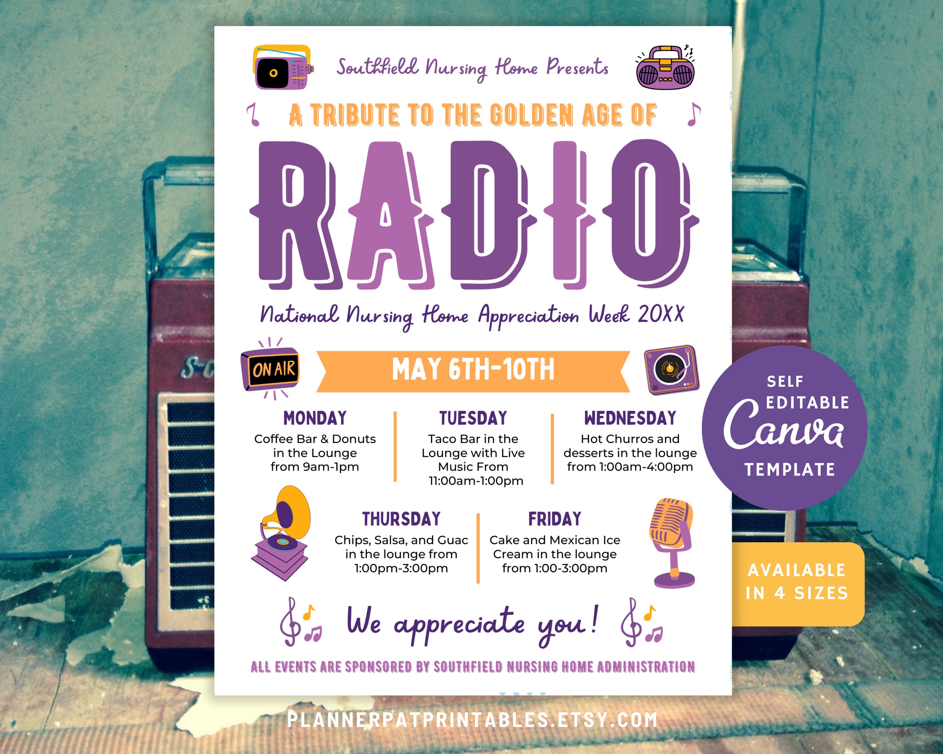 Radio Theme Nursing Home Appreciation Itinerary Flyer (canva Template ...