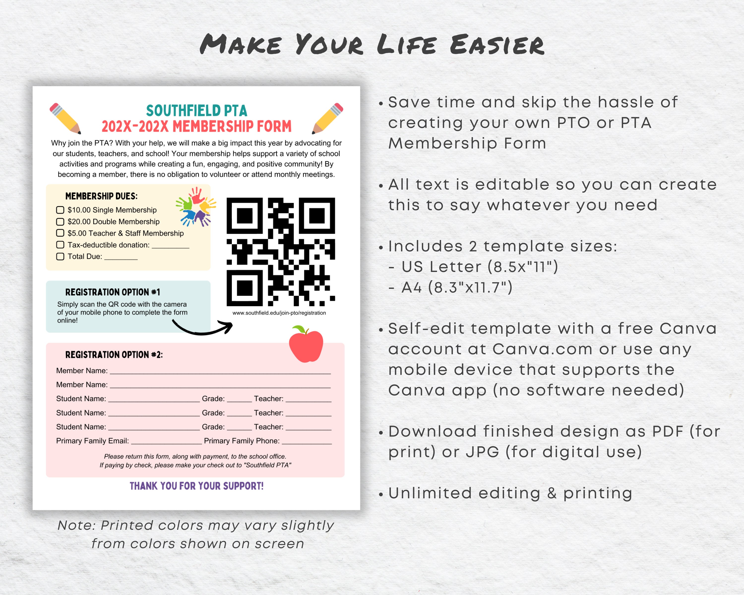PTA Membership Form Editable Template for Volunteer Registration - Etsy