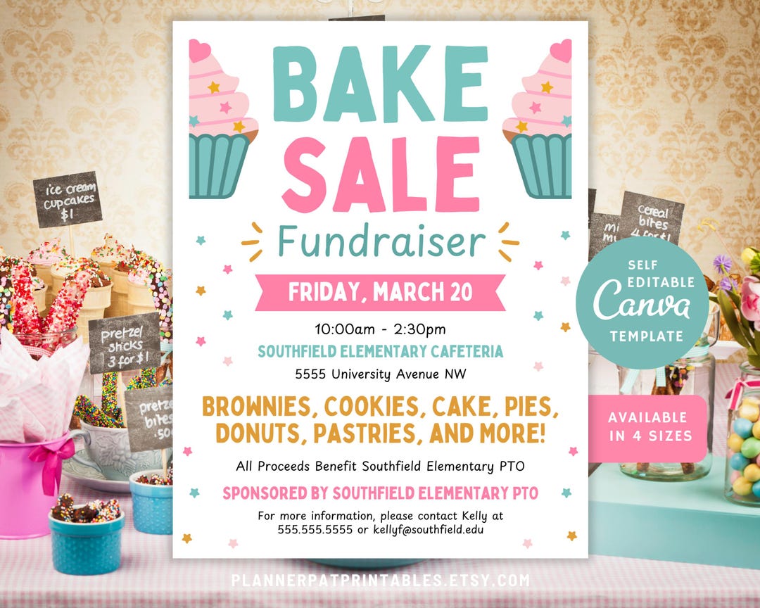 Editable Bake Sale Flyer Template | Fundraiser Printable (canva ...