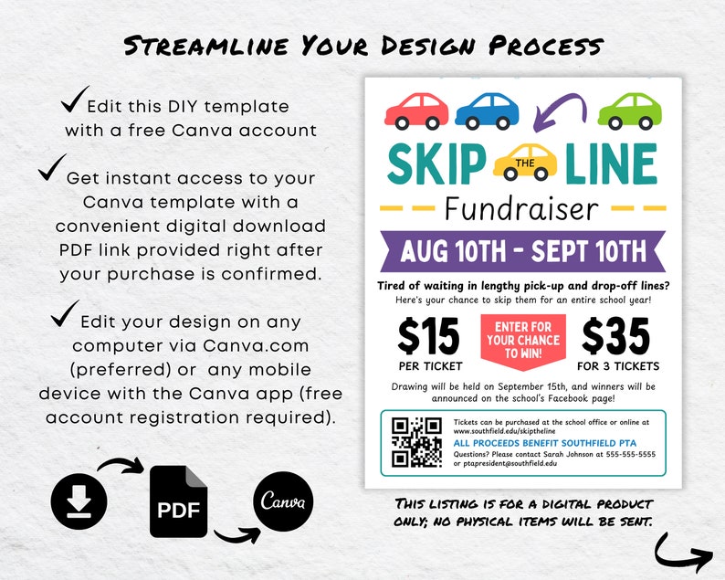 Skip the Line Flyer: Editable School Car Raffle Fundraiser (canva ...