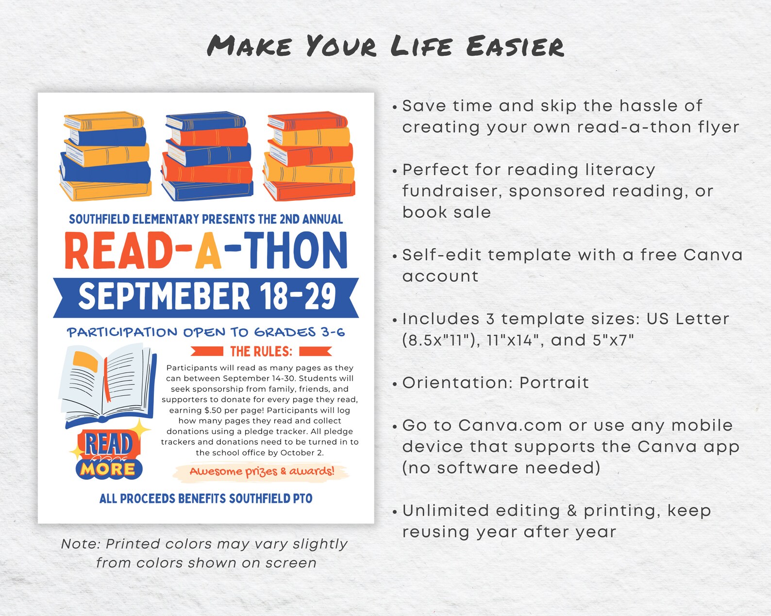 Read-a-thon Flyer Editable Template for Reading Literacy Fundraiser ...