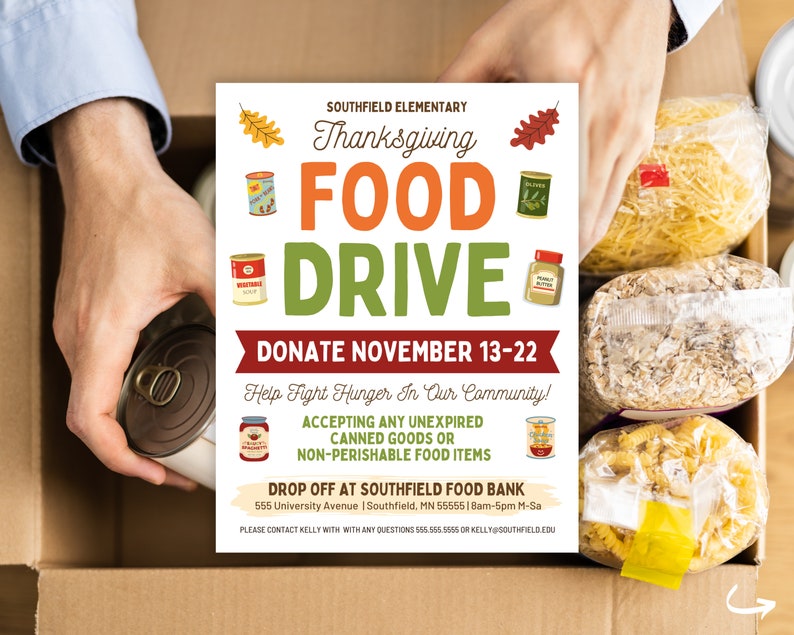 Editable Thanksgiving Food Drive Flyer | Fall Community Donation Event ...