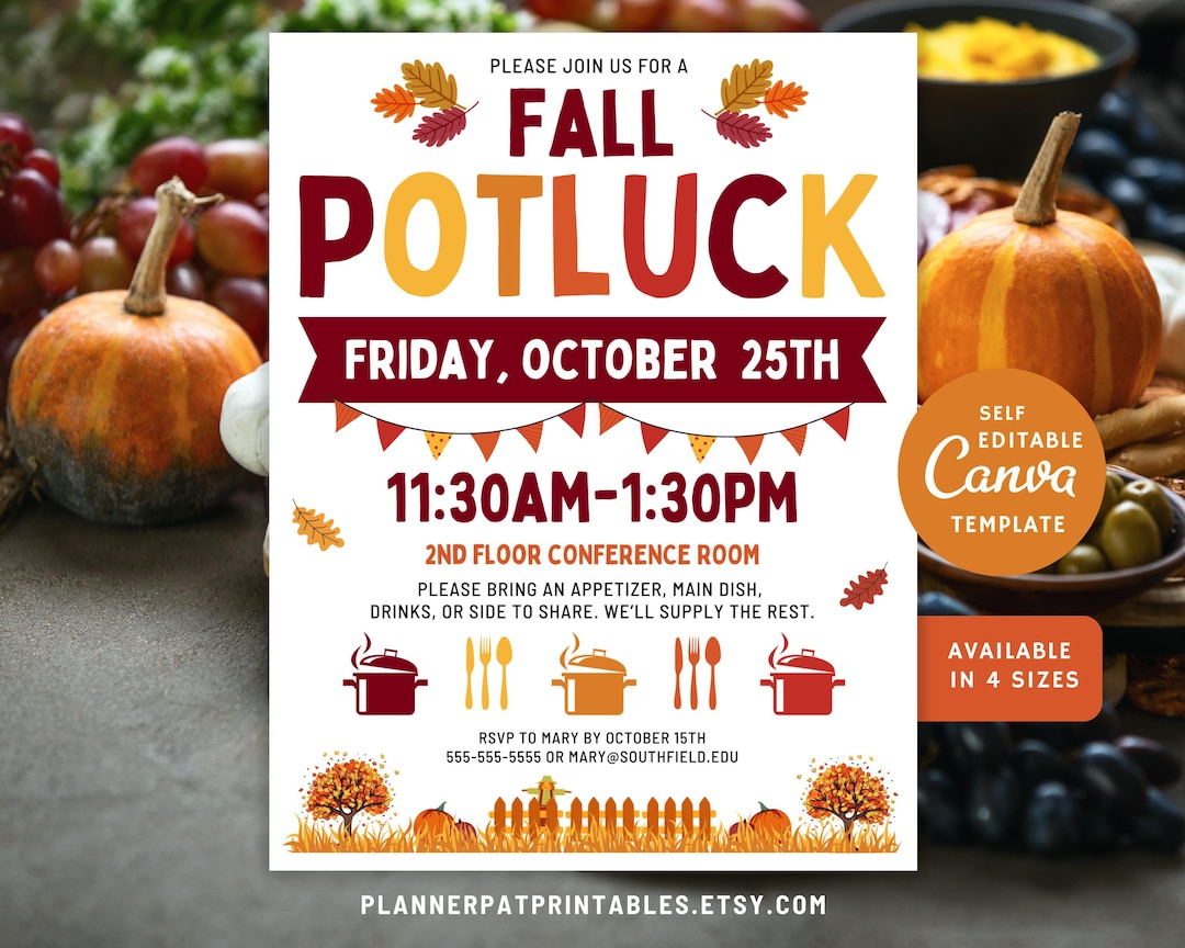Editable Fall Potluck Flyer Template, Autumn Luncheon Invite Printable ...