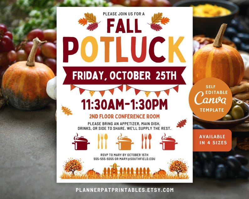 Editable Fall Potluck Flyer, Autumn Party Printable (canva Template) - Etsy