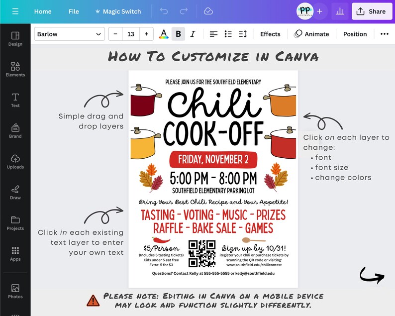 Editable Fall Chili Cook off Flyer: Editable Canva Template (digital ...