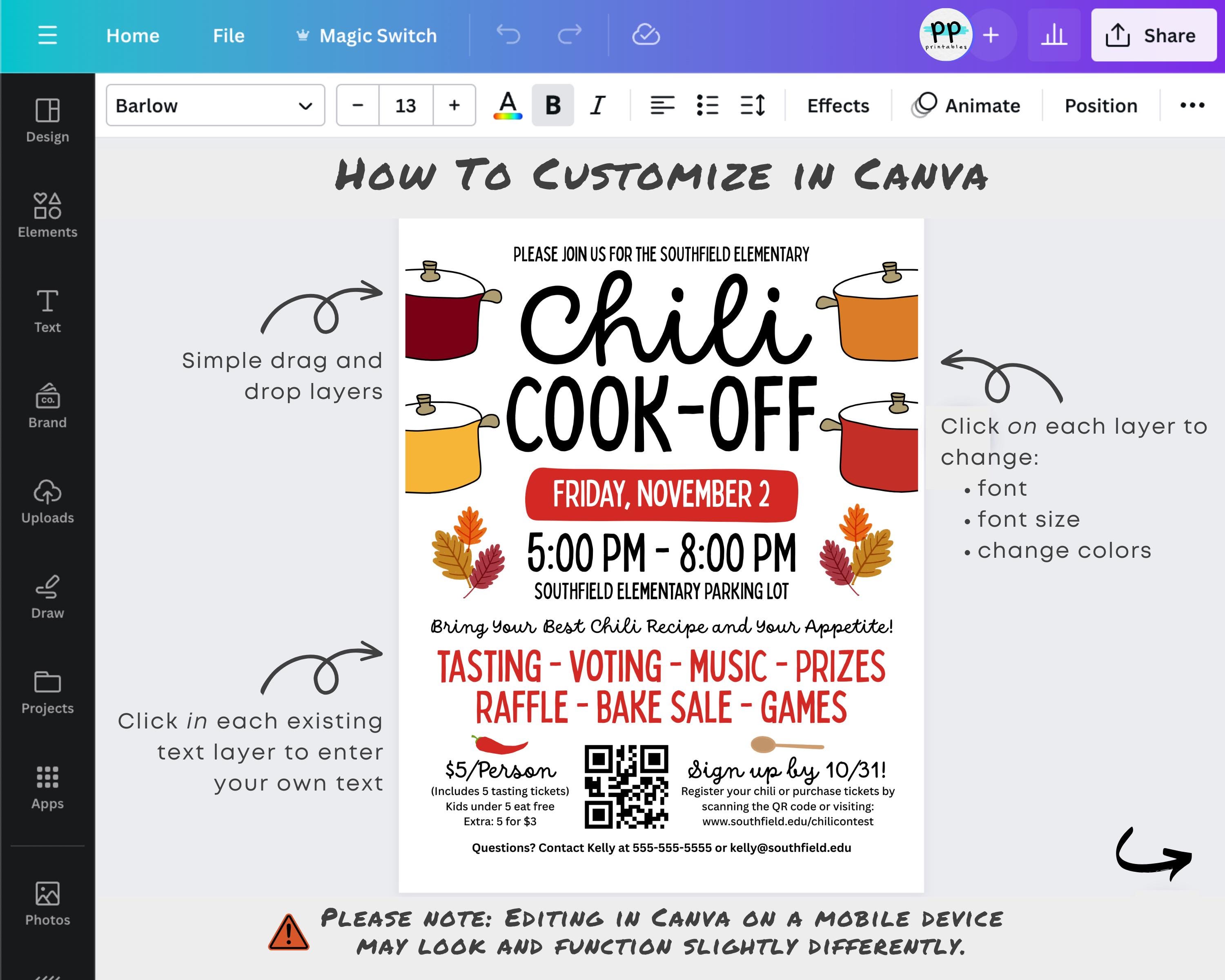 Editable Fall Chili Cook off Flyer: Editable Canva Template (digital ...