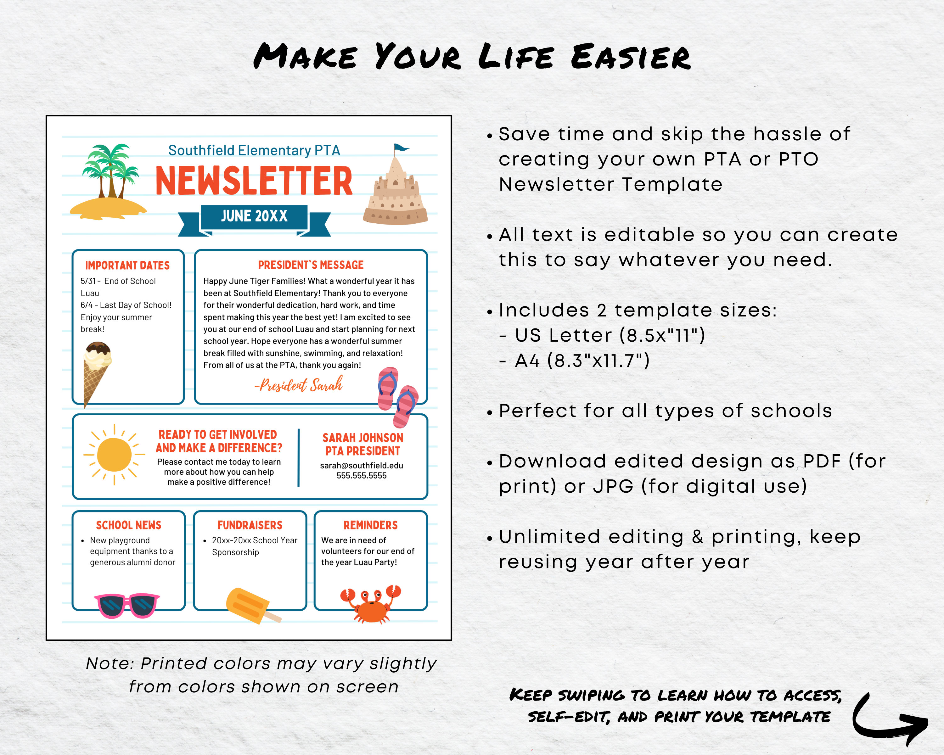 Editable June Newsletter Template: Summer PTO PTA School News (digital ...