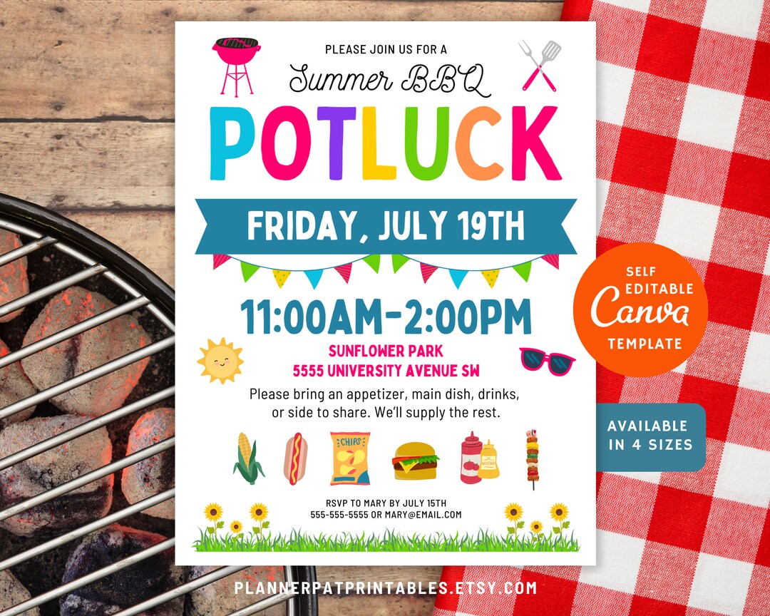 Summer BBQ Potluck Flyer Editable Template, Community BBQ Cookout ...