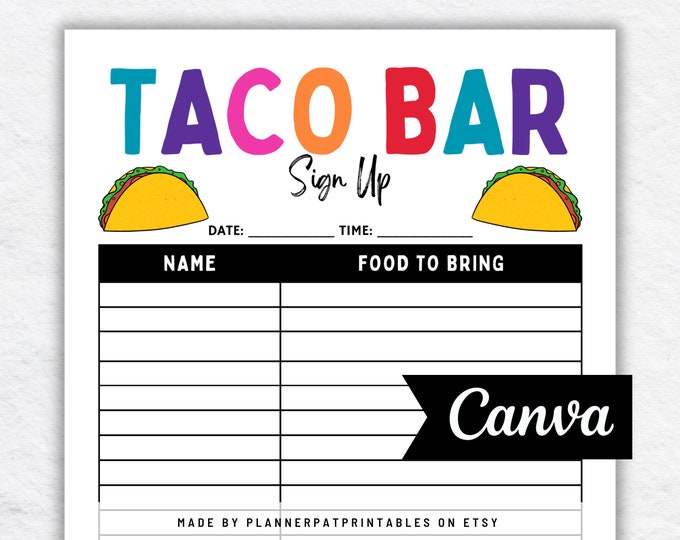 Taco Bar Sign up Sheet Printable for Mexican Fiesta Potluck Party ...
