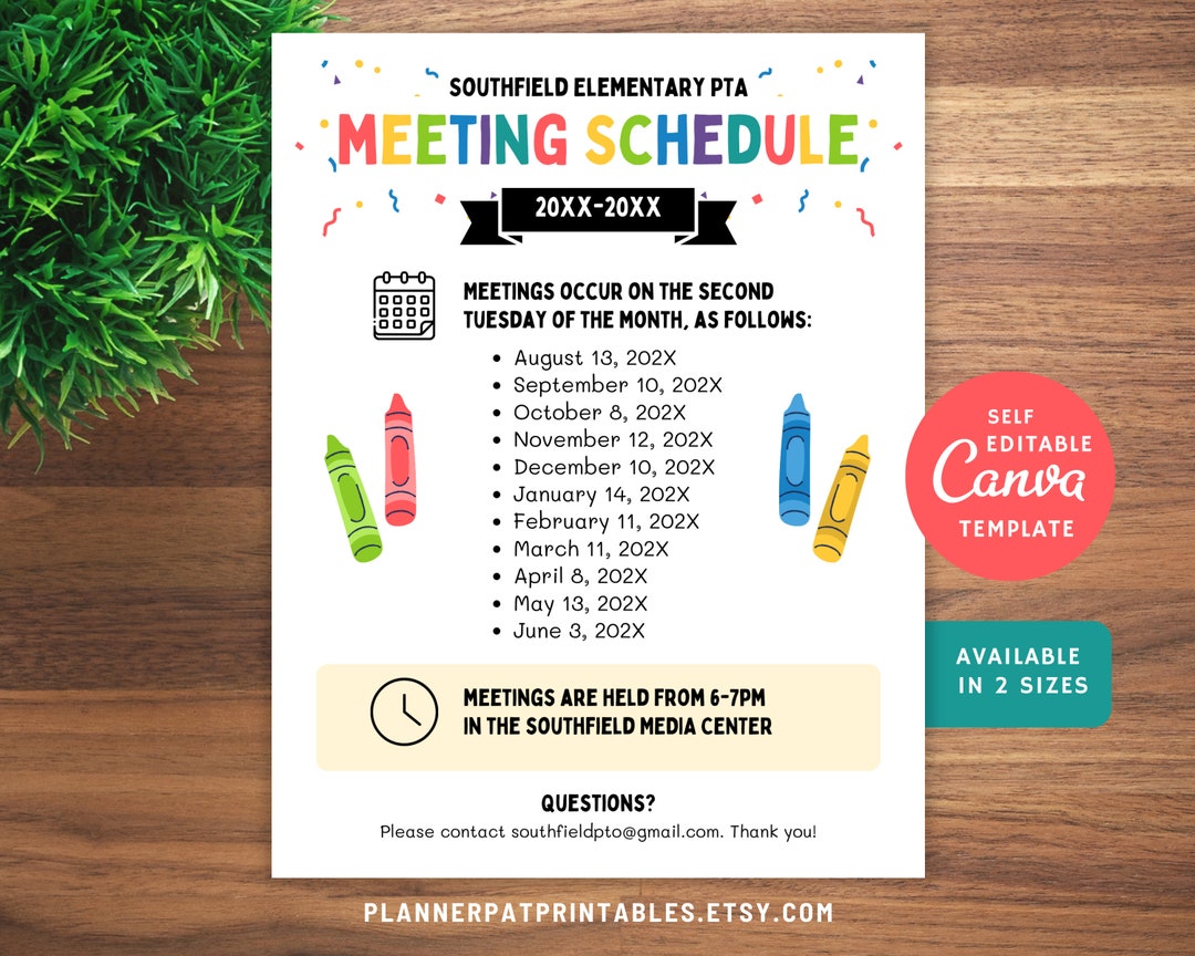 Editable Annual PTA Meeting Schedule Flyer Canva Template, PTO Meeting ...